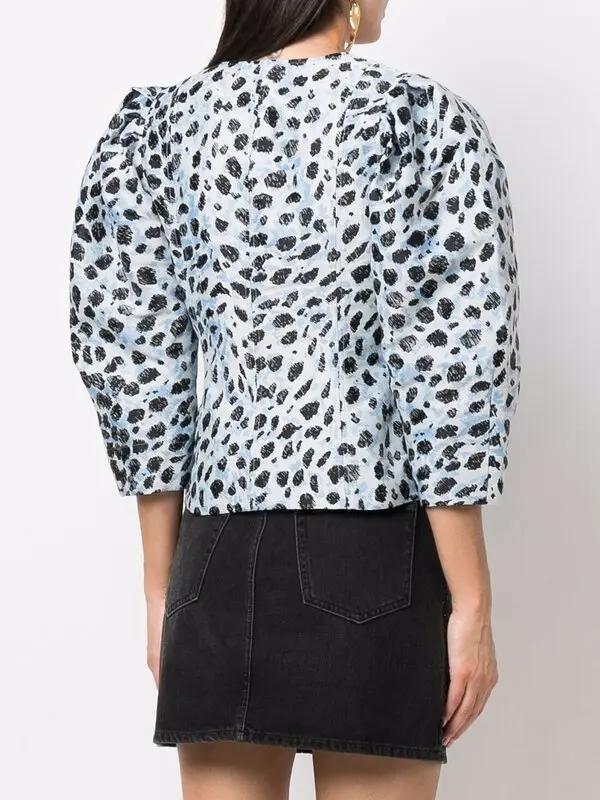 GANNI Leopard-print Puff-sleeve Top