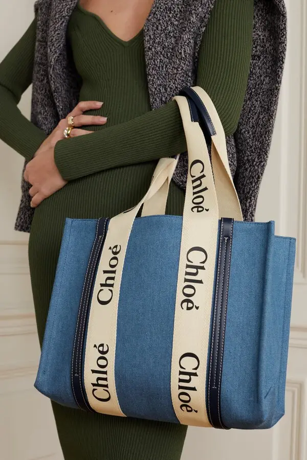 Chloé Woody Medium Leather-trimmed Denim Tote