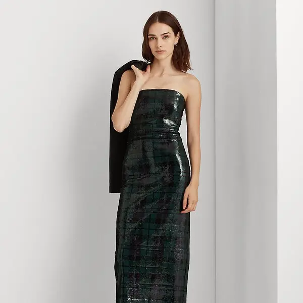 Ralph Lauren Sequined Plaid Gown In Lauren Navy Multi - 31% Off