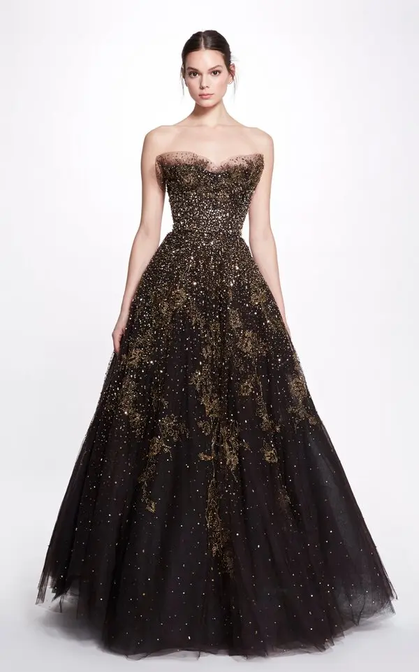 green and gold mini dress Marchesa Notte Jacquard Gown, 2 / Black main image 1