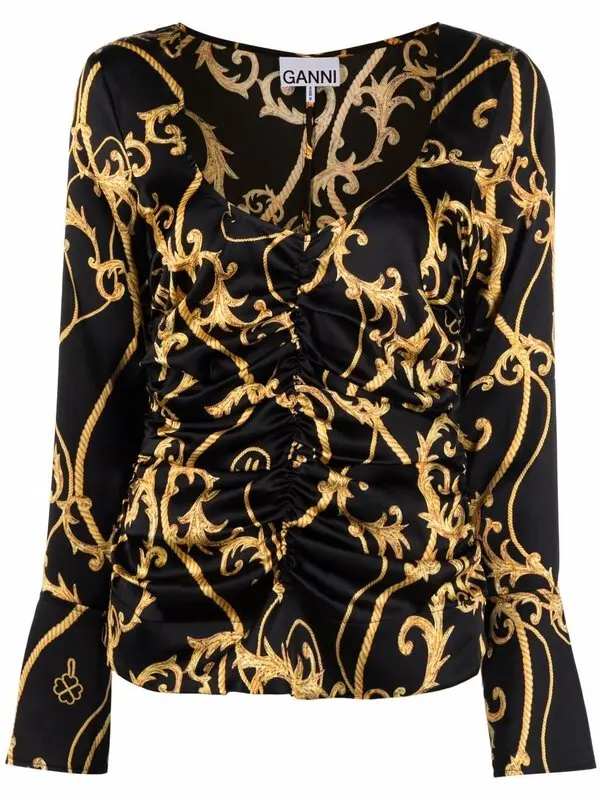 GANNI Ruched-detail Printed Top