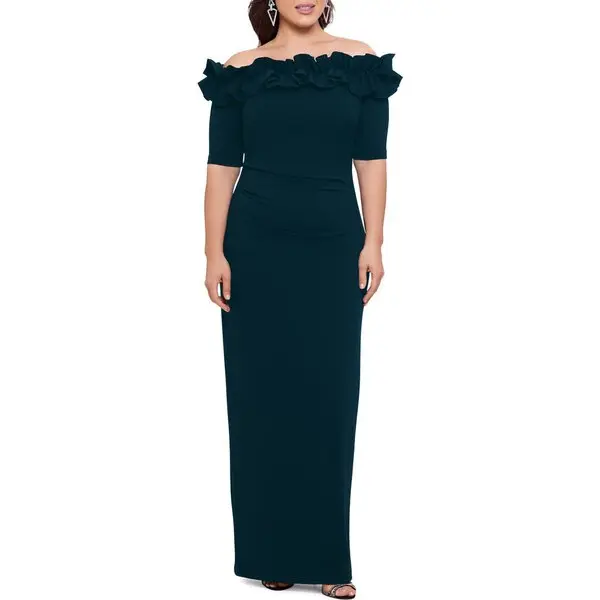 XSCAPE EVENINGS Ruffle Off-the-shoulder Sheath Dress - Pine
