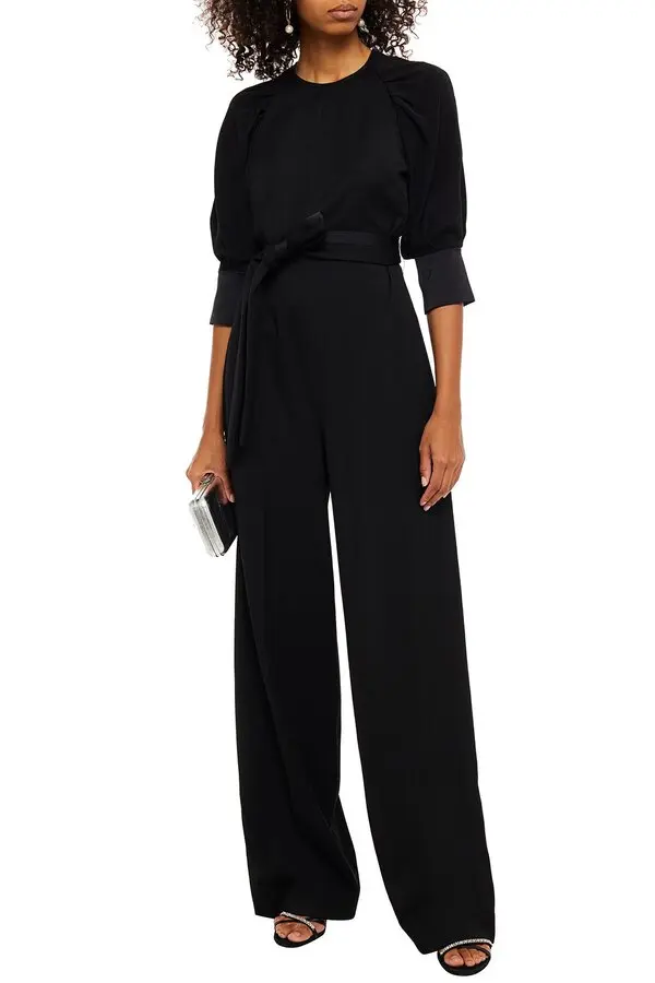 Victoria Beckham Belted Ruched Cady And Twill Jumpsuit - Black