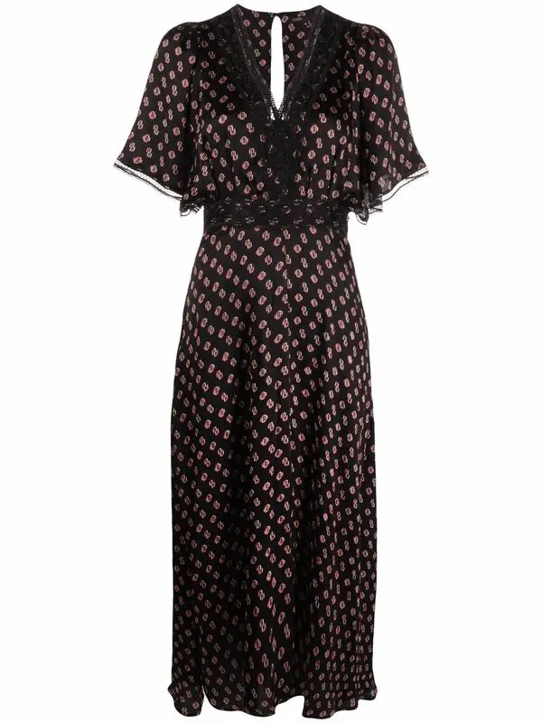 Maje Monogram Flared Silk Dress