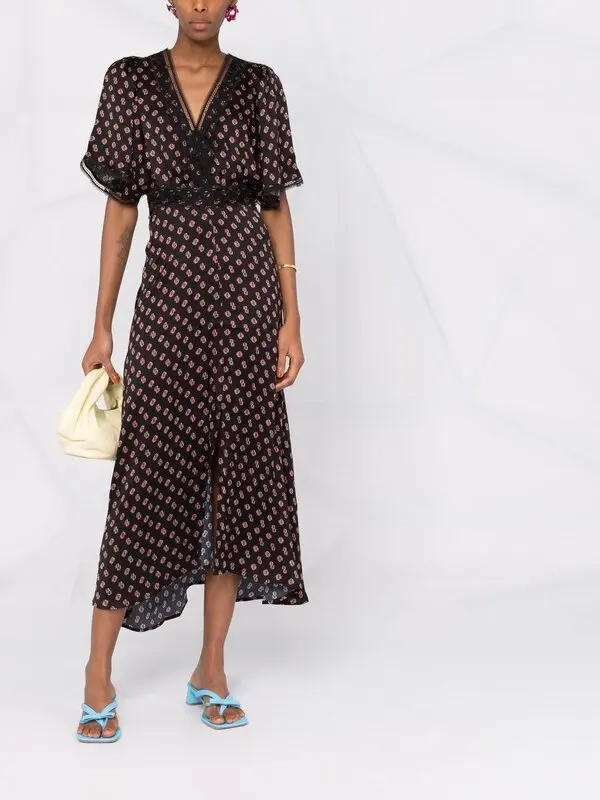 Maje Monogram Flared Silk Dress