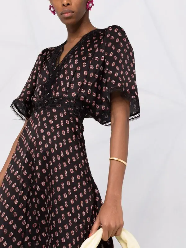 Maje Monogram Flared Silk Dress