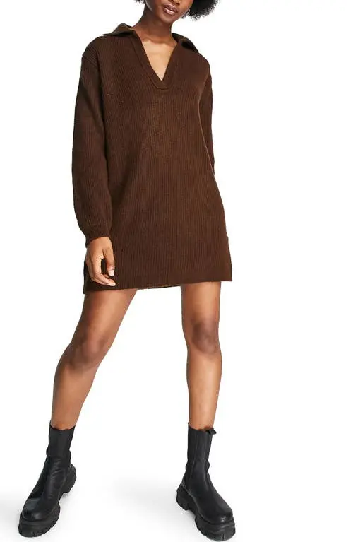 Topshop Rib Sweater Dress - Brown
