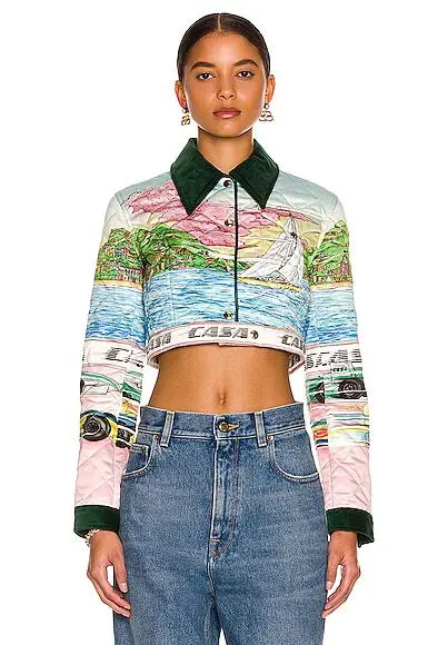 Casablanca Printed Quilted Satin Cropped Jacket In Blue
