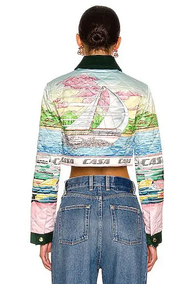 Casablanca Printed Quilted Satin Cropped Jacket In Blue