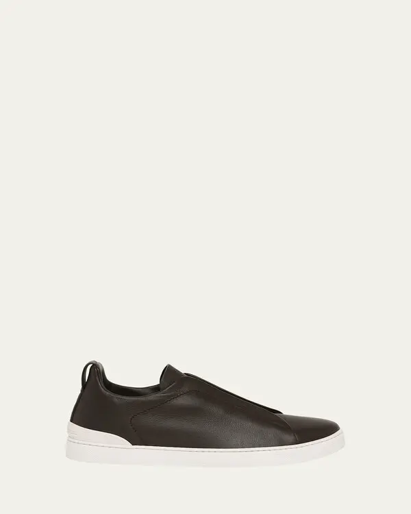 Zegna Triple Stitch Deerskin Leather Sneakers - Coffee