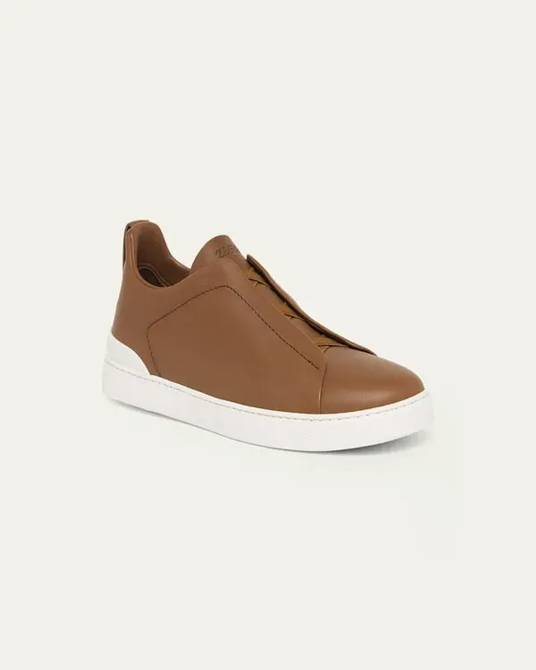 Zegna Triple Stitch Deerskin Leather Sneakers - Coffee