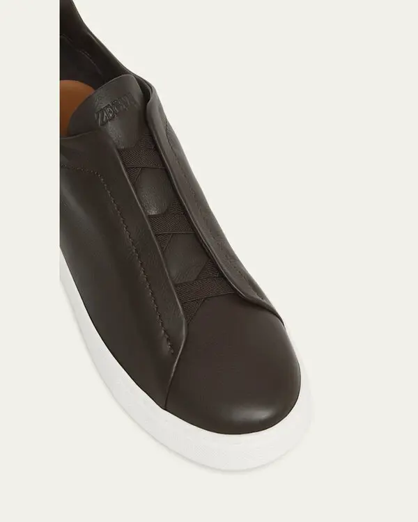 Zegna Triple Stitch Deerskin Leather Sneakers - Coffee