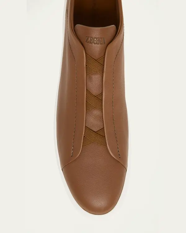 Zegna Triple Stitch Deerskin Leather Sneakers - Coffee