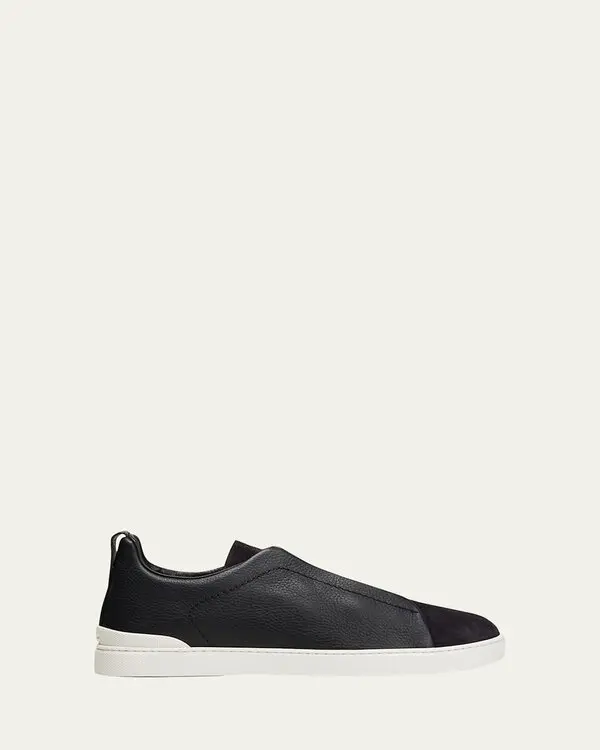 Zegna Triple Stitch Leather And Suede Sneakers - Navy