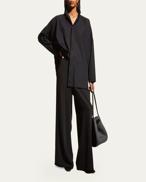 Eskandar Wide Double Stand Collar Long Shirt - Black