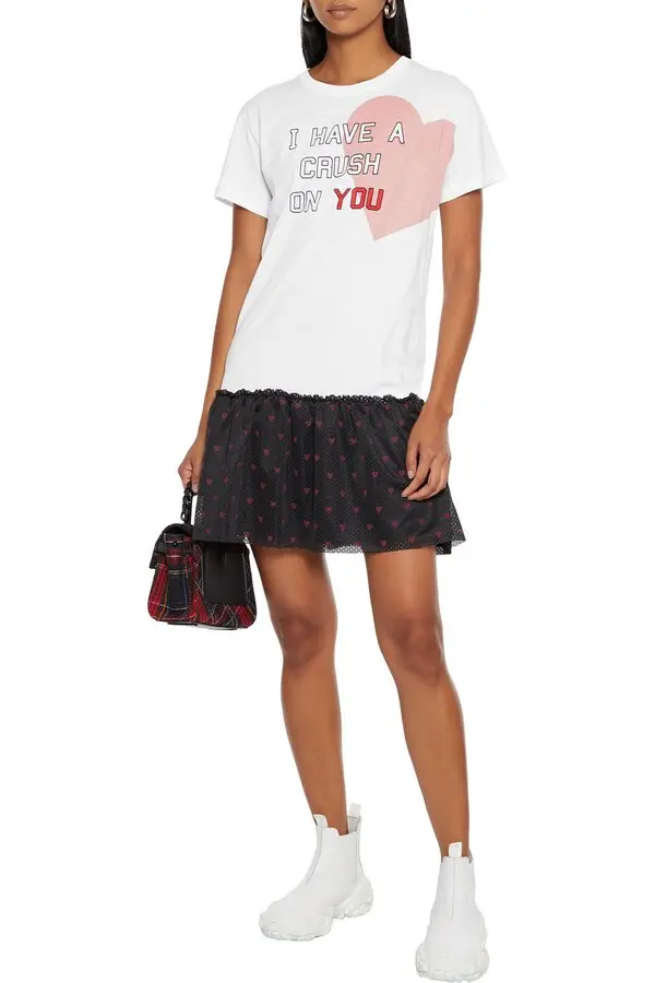 Red Valentino Ruffled Meshpaneled Printed Cottonjersey Mini Dress - White