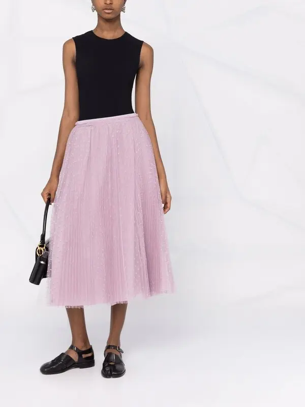 Red Valentino Point D'esprit Pleated Tulle Midi Skirt