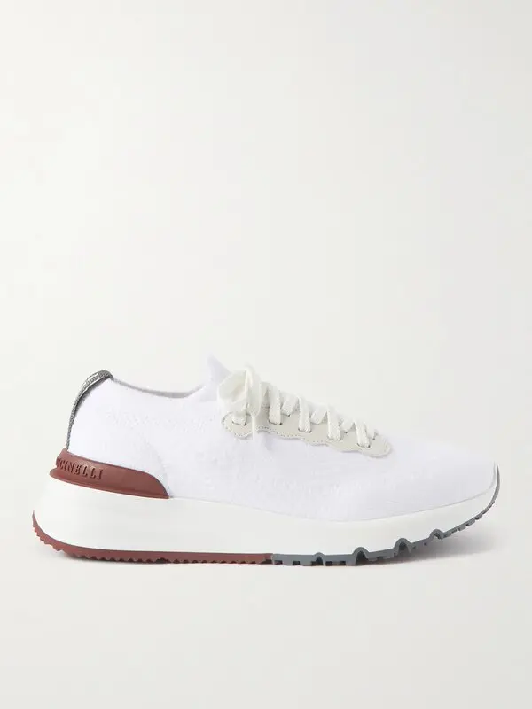 Brunello Cucinelli Leather-trimmed Stretch-knit Sneakers - White