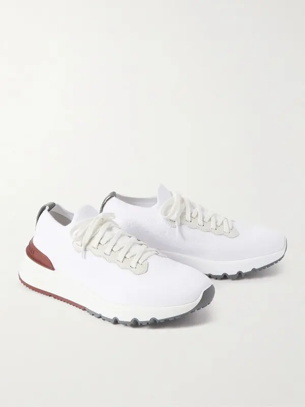 Brunello Cucinelli Leather-trimmed Stretch-knit Sneakers - White