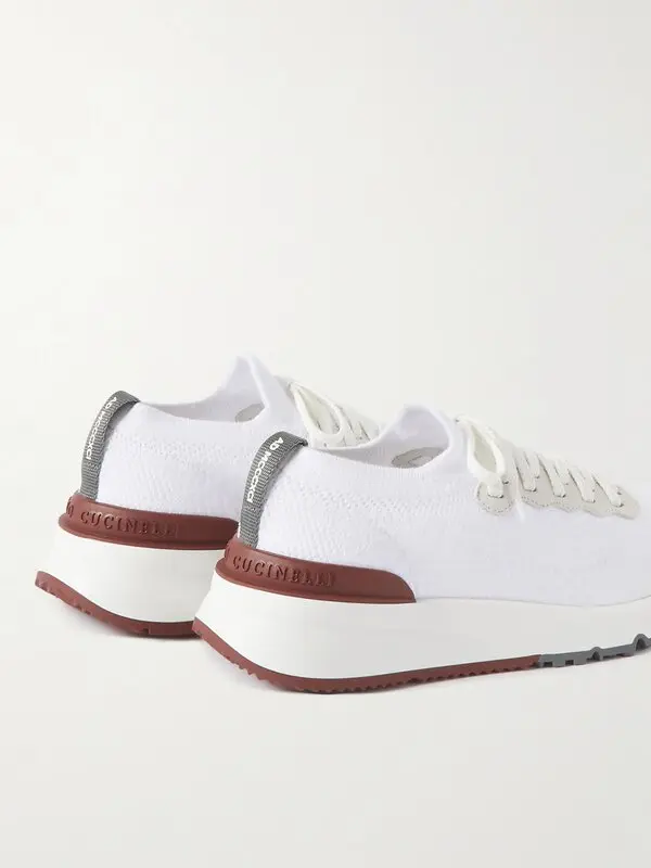 Brunello Cucinelli Leather-trimmed Stretch-knit Sneakers - White