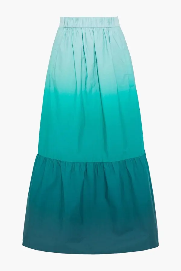 Tibi Gathered Dégradé Cotton-poplin Midi Skirt - Teal