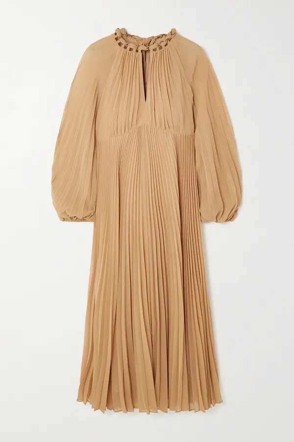 Zimmermann Sunray Chain-Embellished Pleated Chiffon Midi Dress In Brown -  30% Off | Editorialist