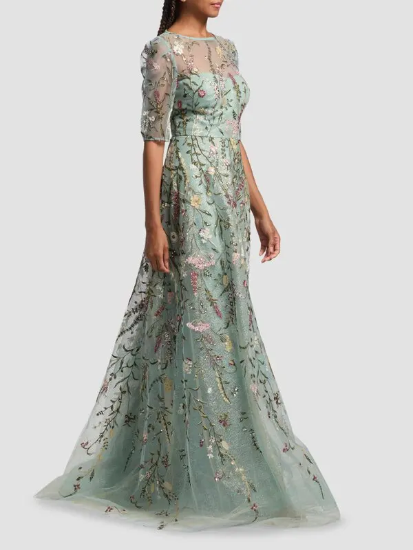 Rickie Freeman For Teri Jon Floral Embroidered Tulle Gown