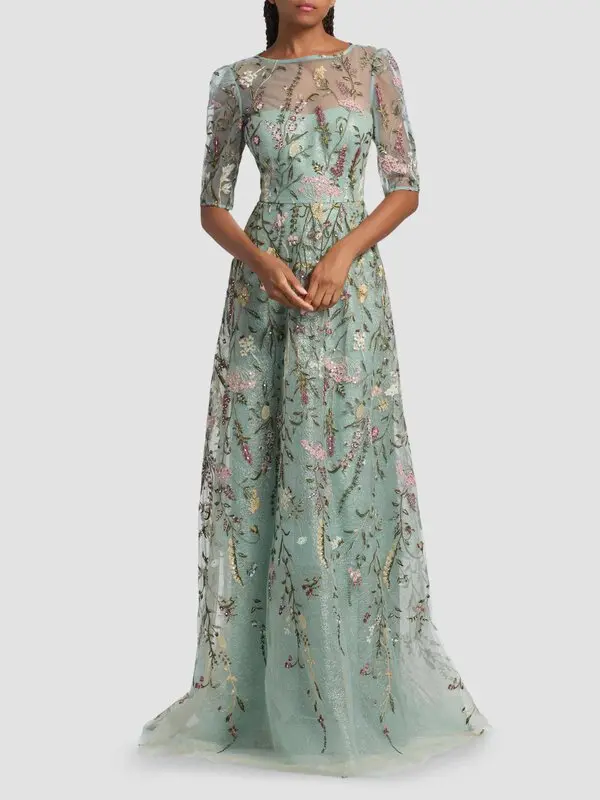 Rickie Freeman For Teri Jon Floral Embroidered Tulle Gown