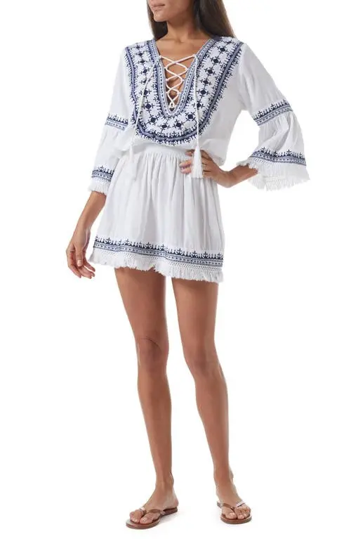 Melissa Odabash Martina Embroidered Lace-up Linen & Cotton Cover-up Dress - White/ Navy