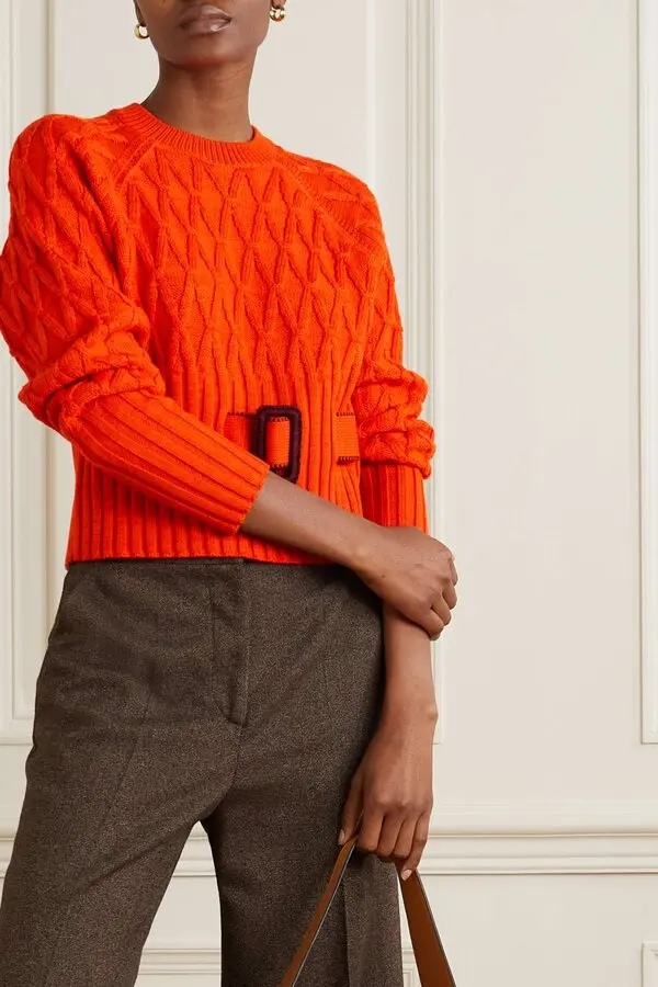 Victoria Beckham Belted Cable-knit Wool And Cotton-blend Sweater