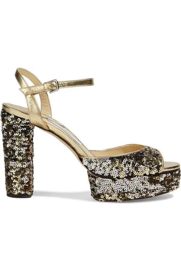 JIMMY CHOO Peachy 105 Sequin Embellished Platform Sandals - Gold