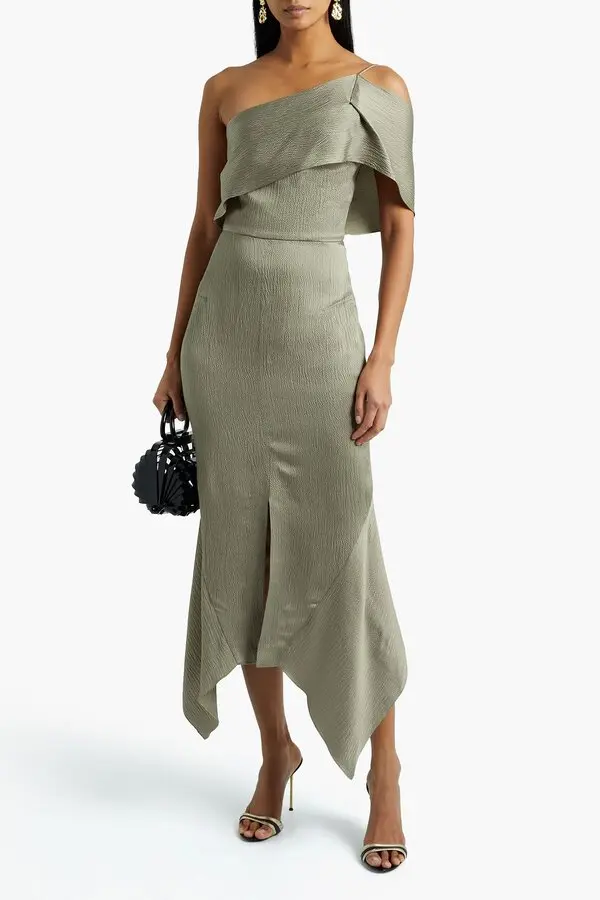 Roland Mouret Harlow One-Shoulder Asymmetric Hammered Silk-Blend Satin Midi Dress  Green In Sage Green - 70% Off | Editorialist