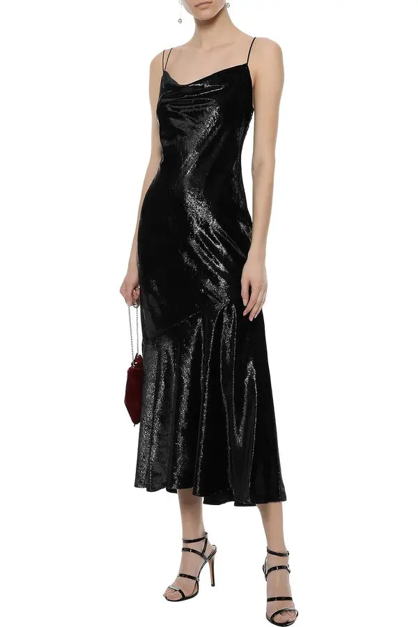 Rachel Zoe Lolita Draped Metallic Velvet Midi Dress - Black