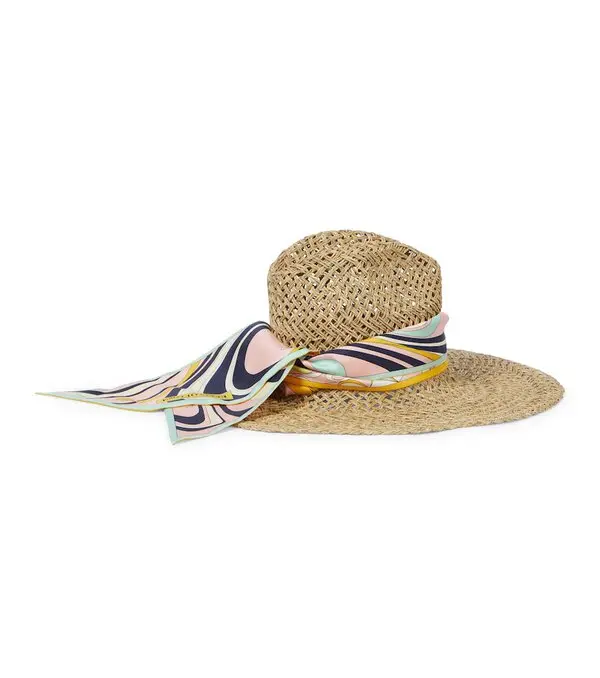 Emilio Pucci Raffia Hat With Printed Silk Band In Beige - 50  display picture 1