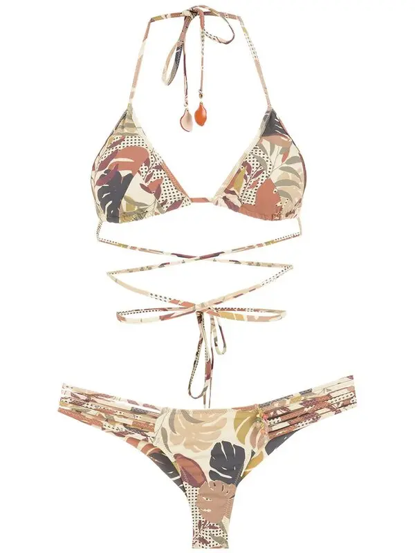 AMIR SLAMA Palm Leaf Print Bikini - Neutrals