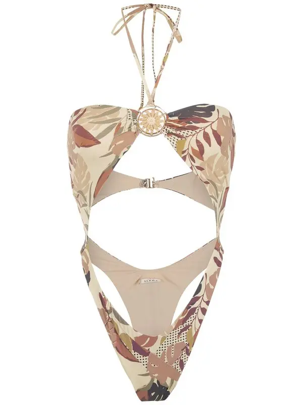 AMIR SLAMA Palm Leaf Print Swimsuit - Neutrals