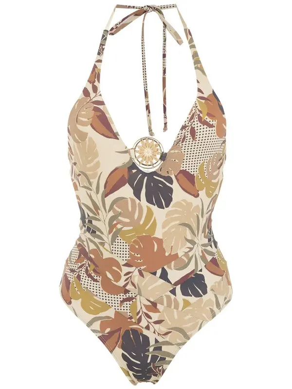 AMIR SLAMA Palm Leaf Print Swimsuit - Neutrals