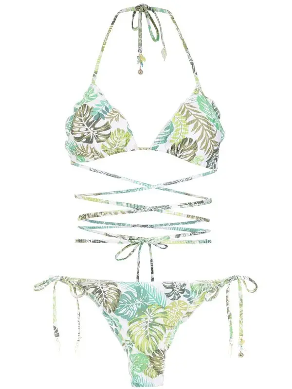 AMIR SLAMA Palm Leaf Print Bikini - Green