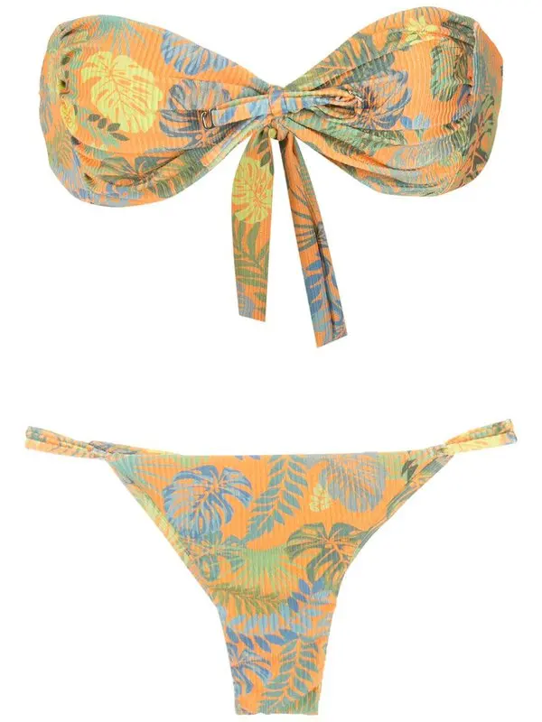 AMIR SLAMA Palm Leaf Print Bandeau Bikini - Orange