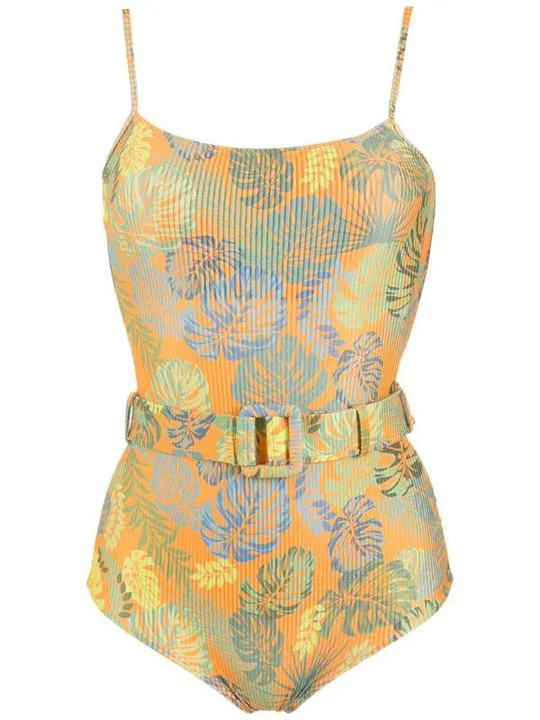 AMIR SLAMA Palm Leaf Print Belted Swimsuit - Orange