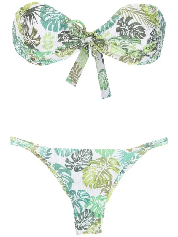 AMIR SLAMA Palm Leaf Print Bandeau Bikini - Green
