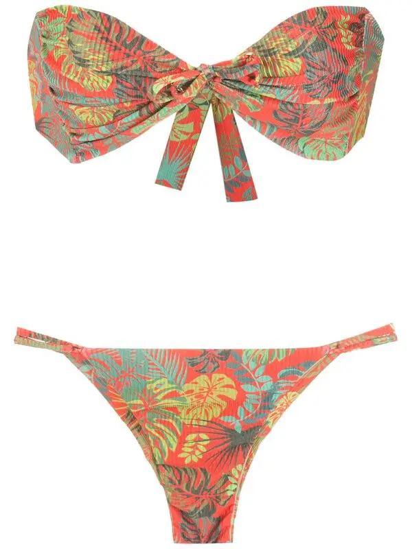 AMIR SLAMA Palm Leaf Print Bandeau Bikini - Red
