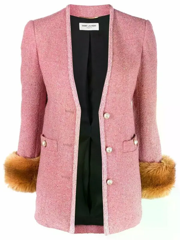 Saint Laurent Faux Fur Detail Fitted Jacket - Pink