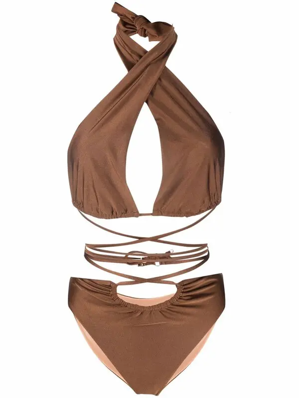 NOIRE SWIMWEAR Lattice-strap Halterneck Swimsuit - Brown