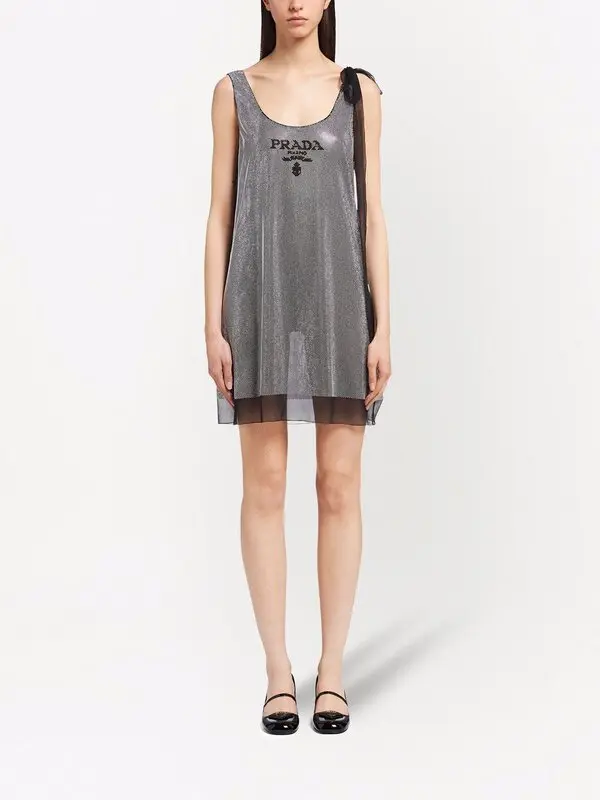 prada silver dress Prada - Silver dress with crystals and logo pattern P3G24R1Z4W