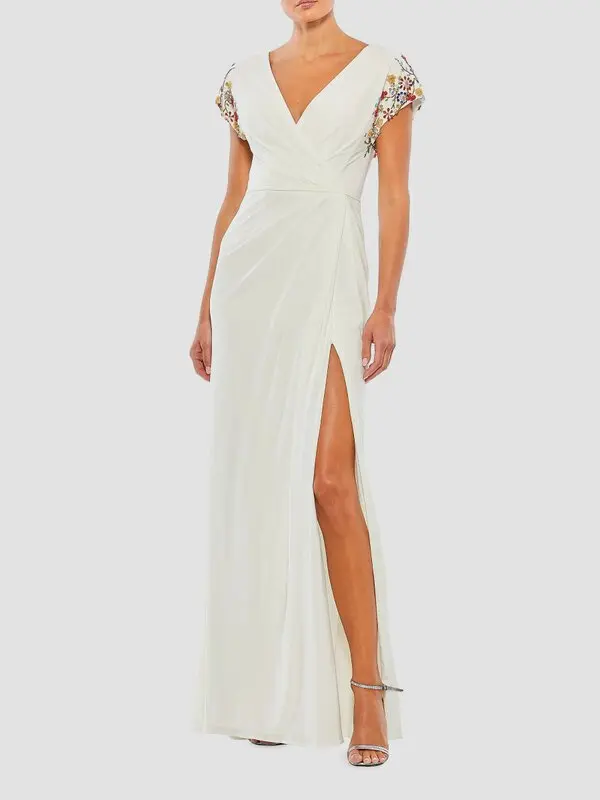 Mac Duggal Embellished Wrap Gown - White Multi