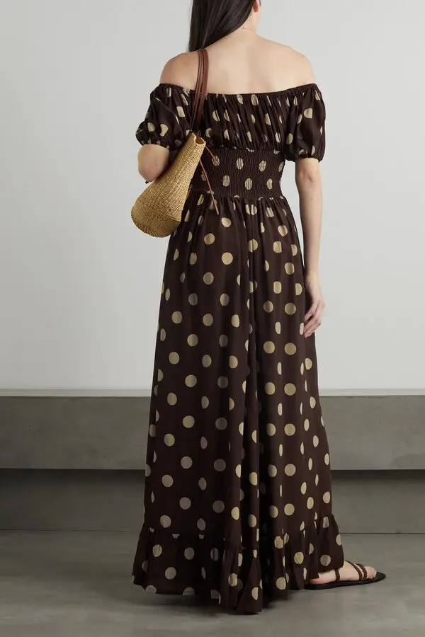 Evarae Hestia Off-The-Shoulder Polka-Dot Organic Silk-Georgette Maxi Dress  - Black | Editorialist