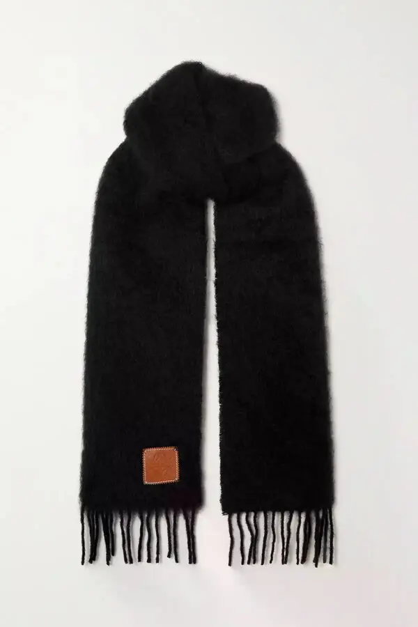 Loewe Leather-trimmed Fringed Mohair-blend Scarf - Black
