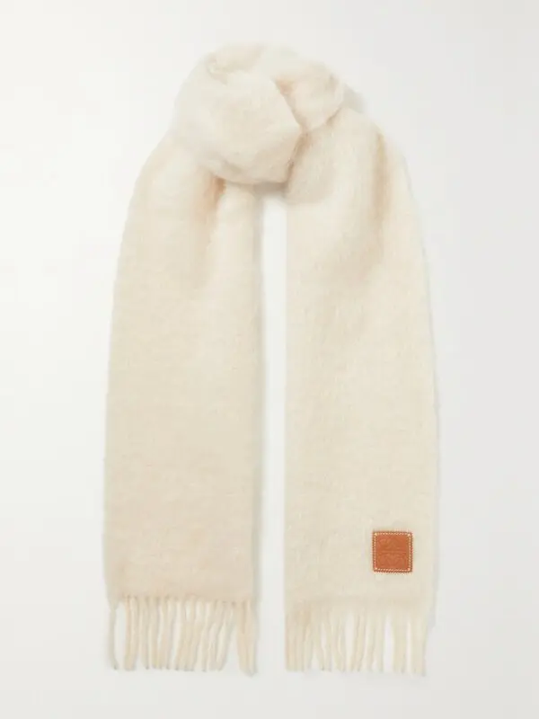 Loewe Leather-trimmed Fringed Mohair-blend Scarf - Neutrals