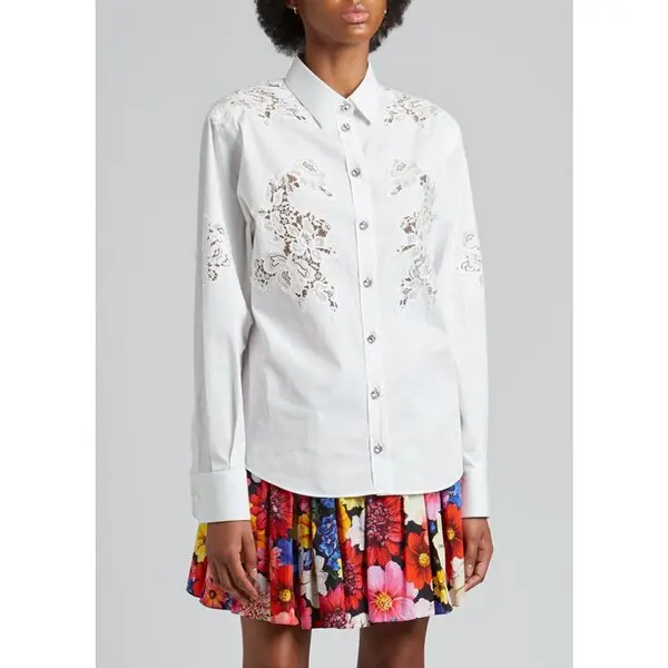 Dolce & Gabbana Lace Insert Poplin Shirt W/ Crystal Buttons